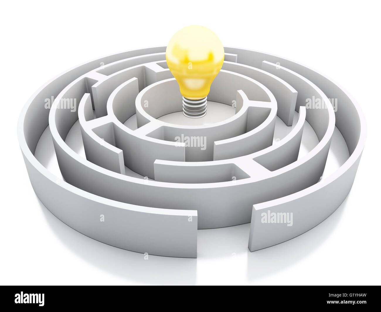 3d renderer image. White maze with light bulb icon. Isolated white ...