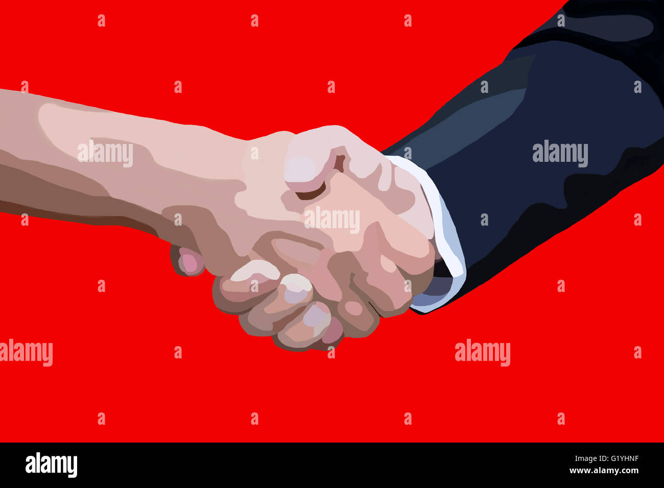 drawing of handshake of two men on red background Stock Photo - Alamy