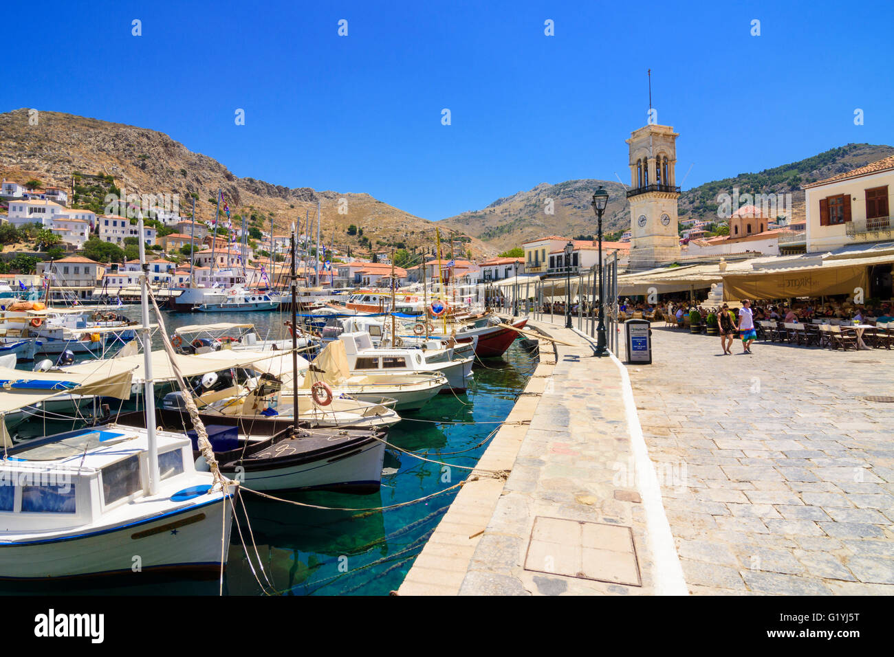 Scenic boat lined waterfront promenade, Hydra Town, Hydra Island ...