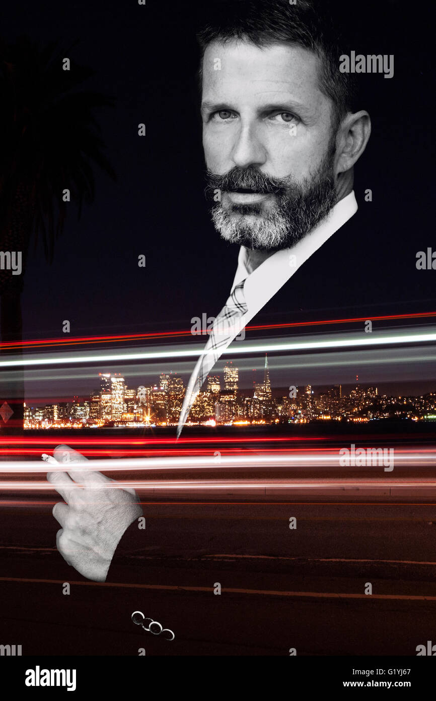 double exposure of businessman and skyline at night Stock Photo - Alamy