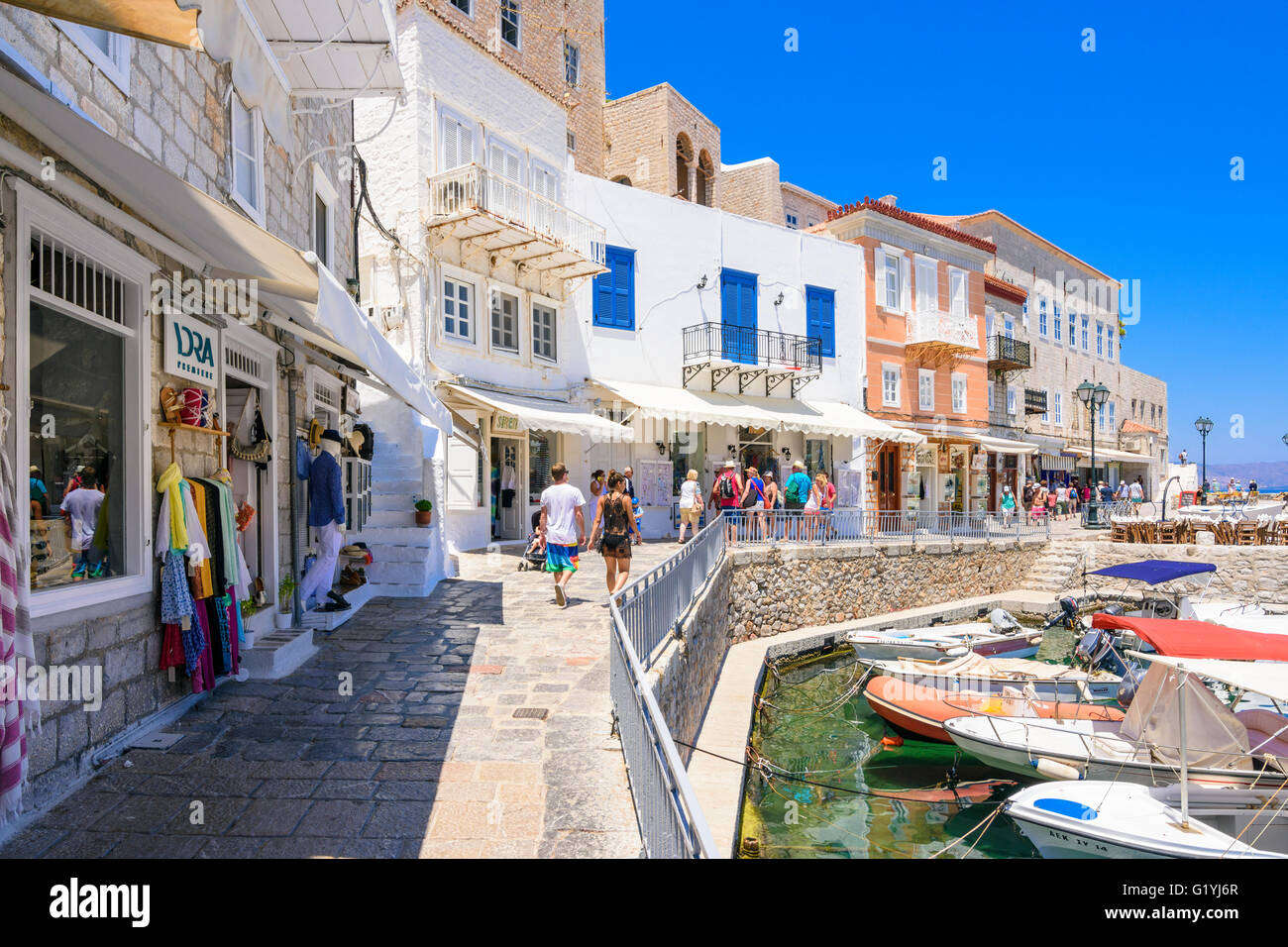 Shops along the pretty waterfront promenade, Hydra Town, Hydra Island ...