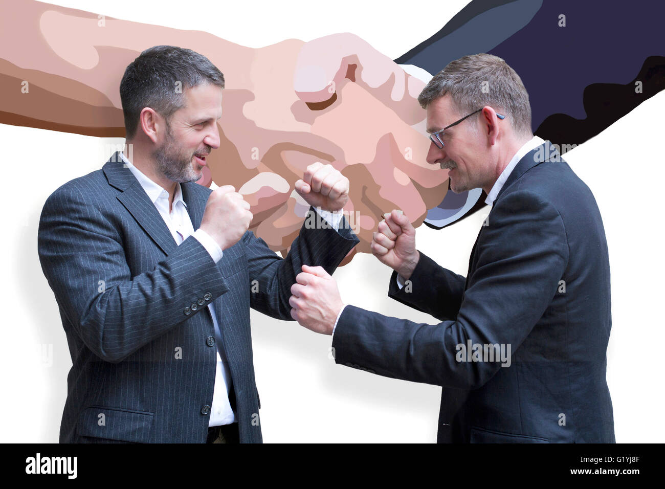 two businessmen are fighting in front of painting of handshake Stock ...