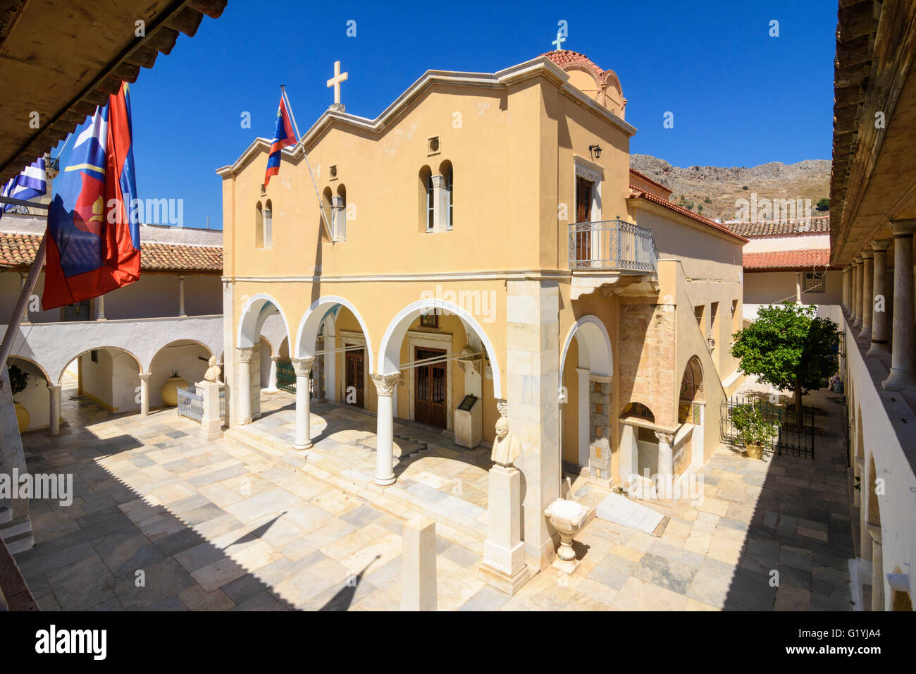 Kimisis tis Theotokou or Cathedral of Hydra seen from the cloistered ...