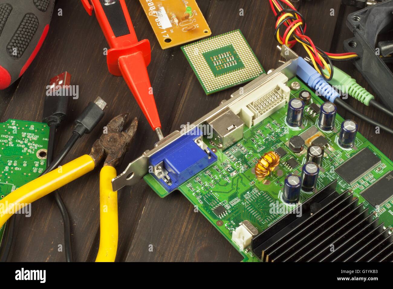 Desk technician for computers. Computer components on a workbench ...