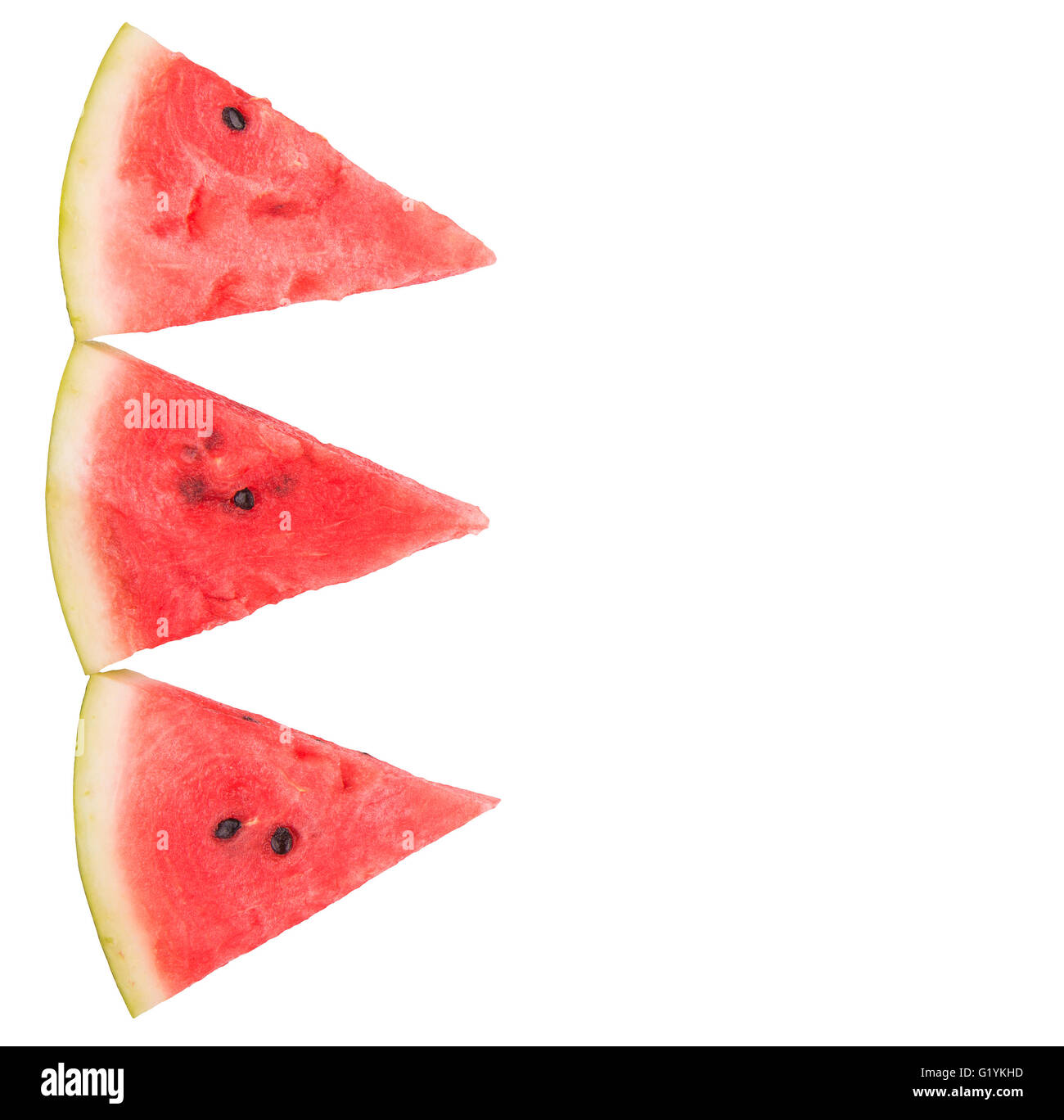 Three slices of watermelon, top view, isolated on white, with copy ...