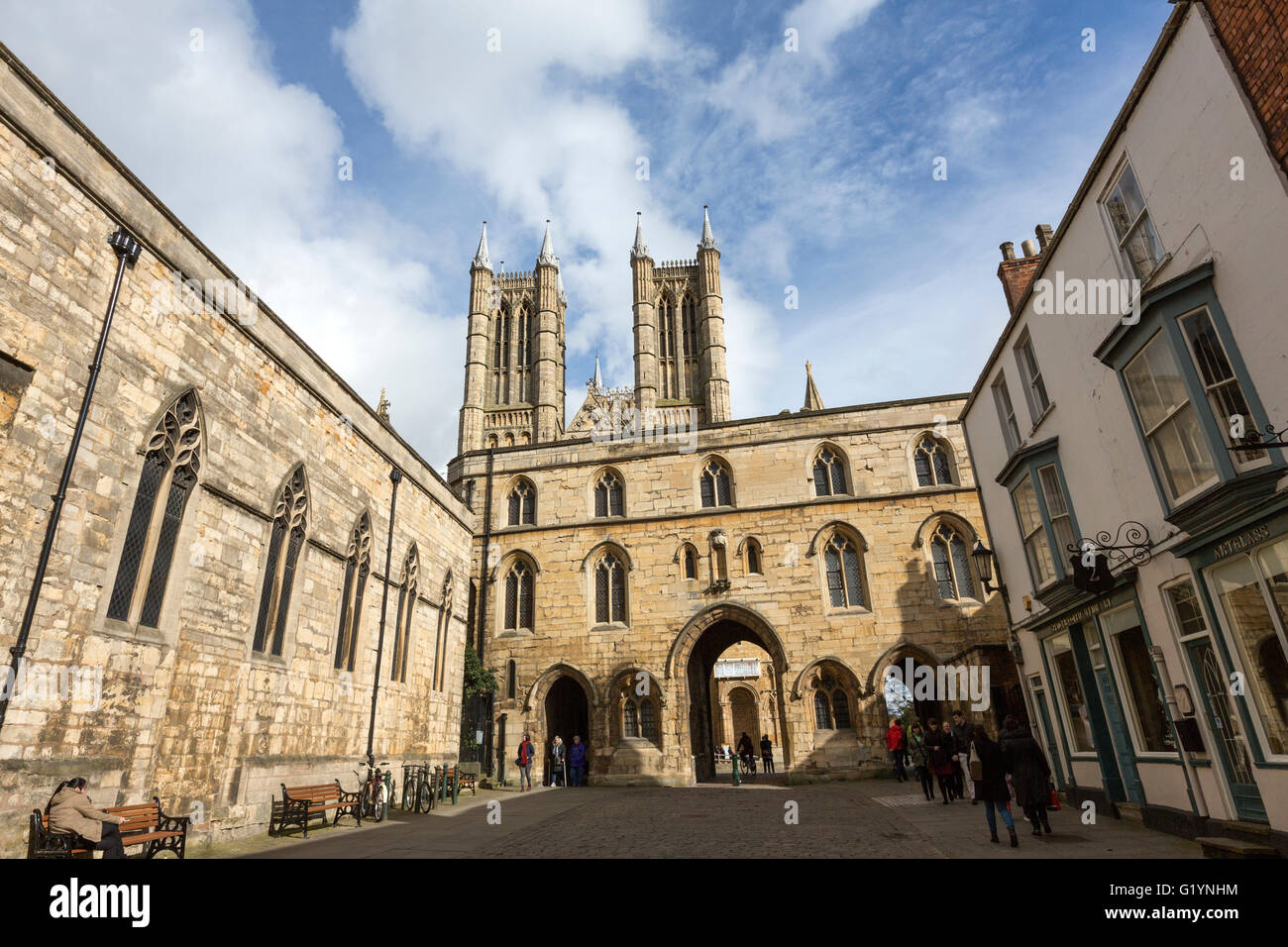 The west front of Lincoln Cathedral viewed through the Exchequer Gate ...