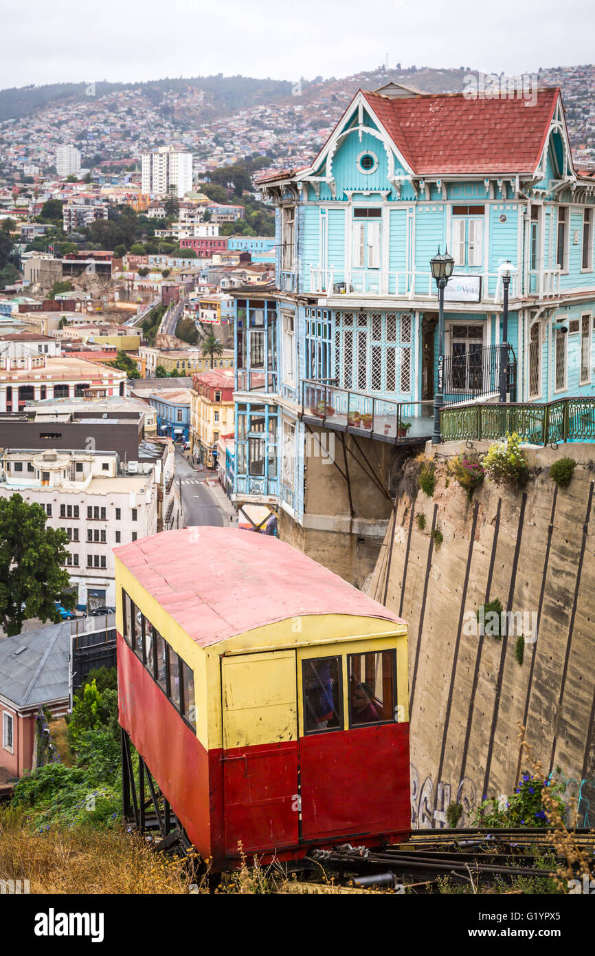 One of the rustic funiculars operating in Valparaiso, Chile, South ...