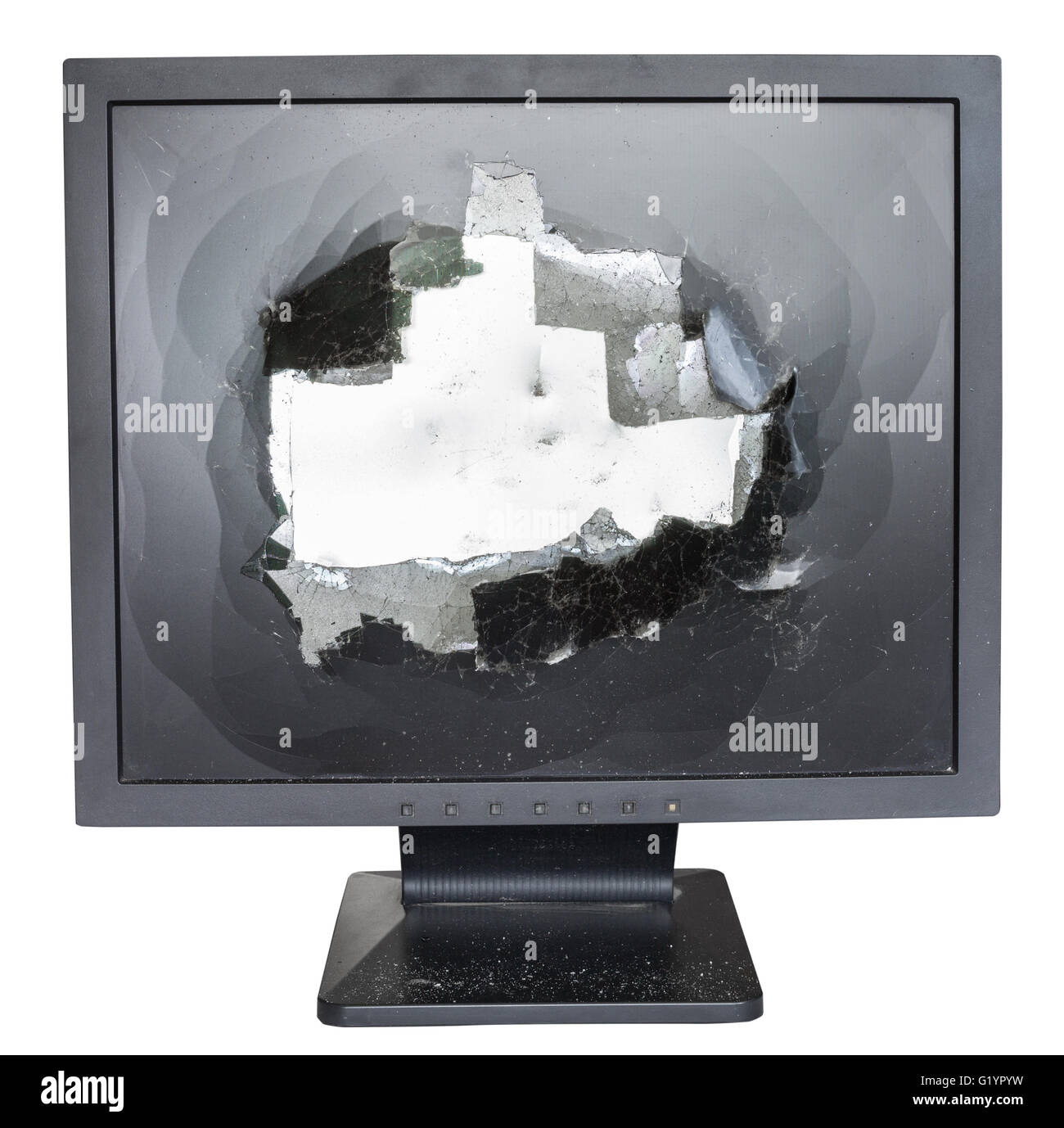 direct view of crushed monitor with damaged screen isolated on white ...