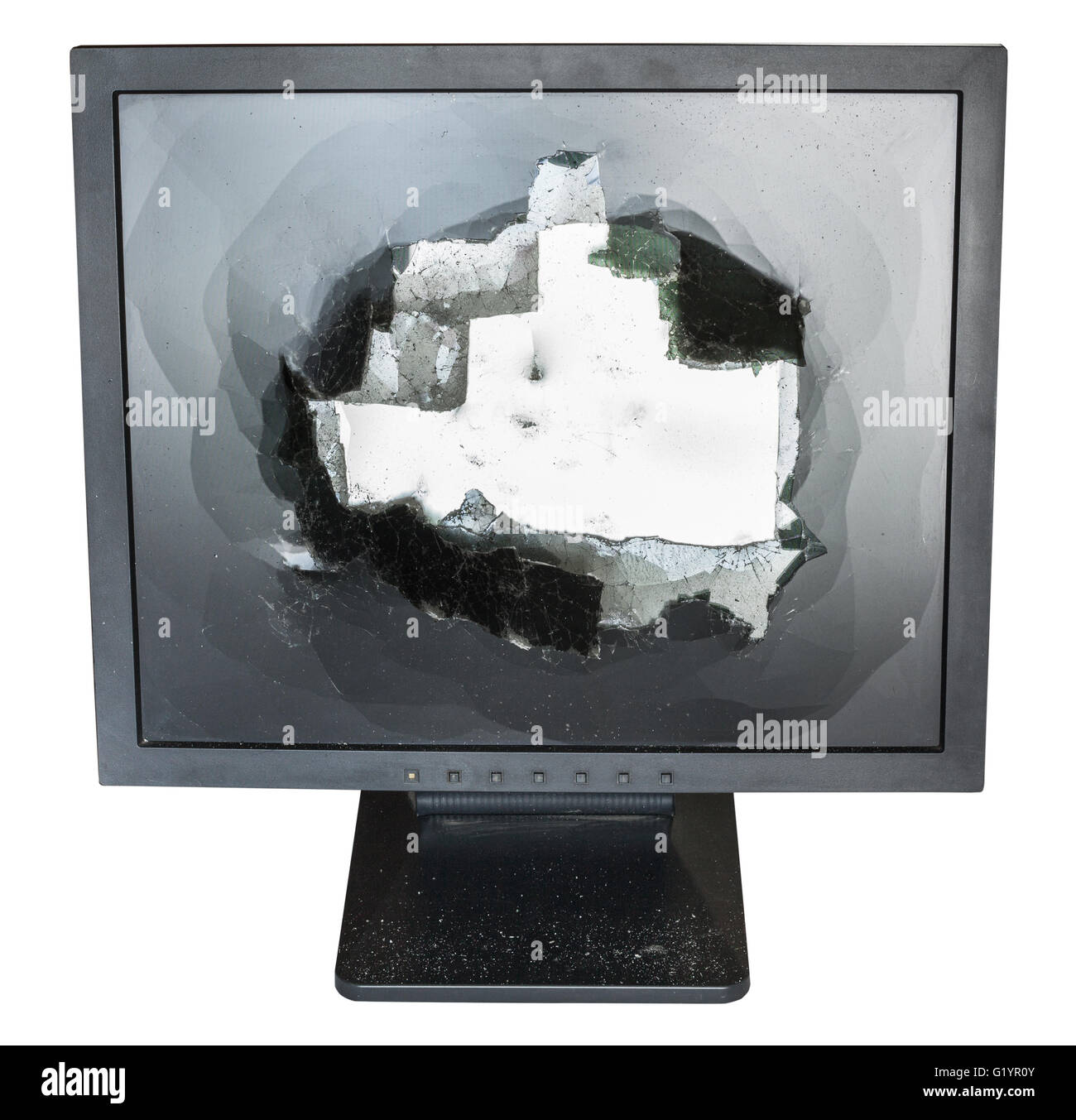 front view of broken monitor with damaged glass screen isolated on ...