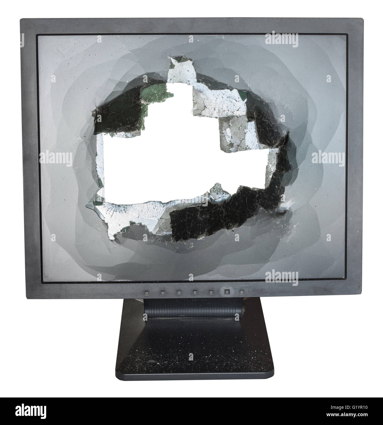 front view of broken monitor with cut out damaged screen isolated on ...