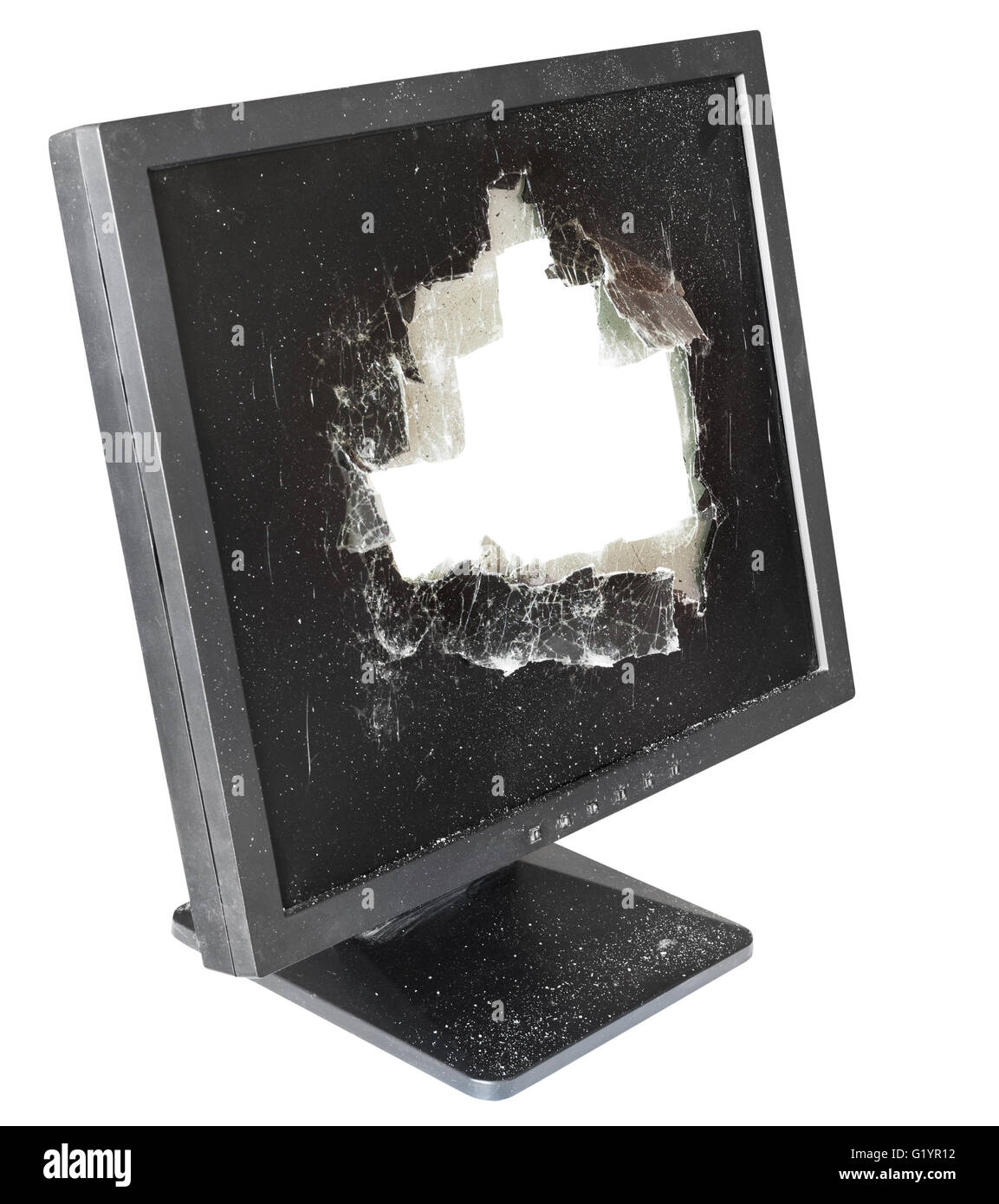 side view of broken monitor with cut out damaged screen isolated on ...