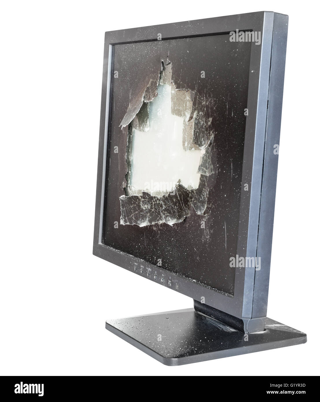 side view of broken monitor with damaged glass screen isolated on white ...