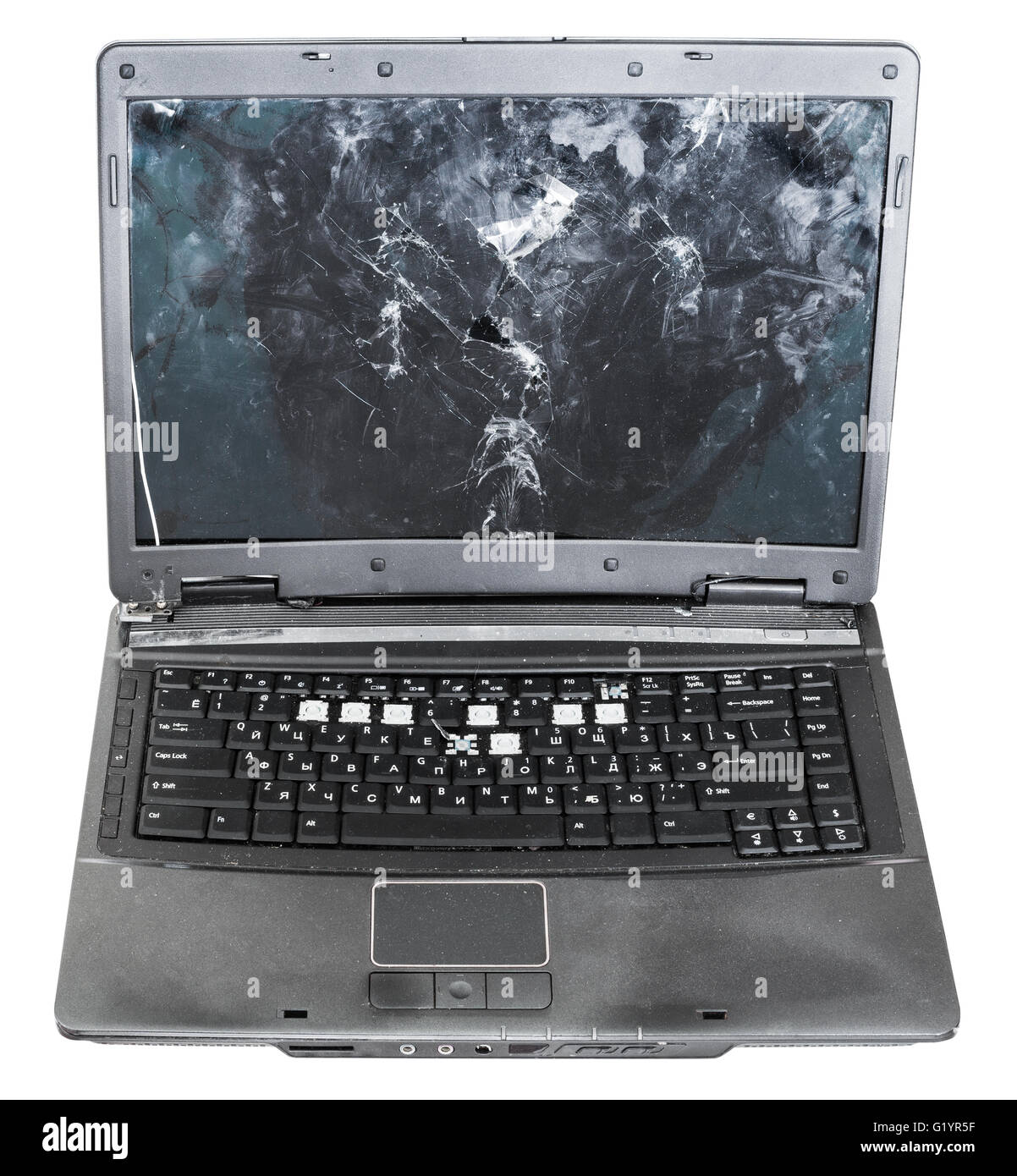 front view of old damaged laptop isolated on white background Stock ...