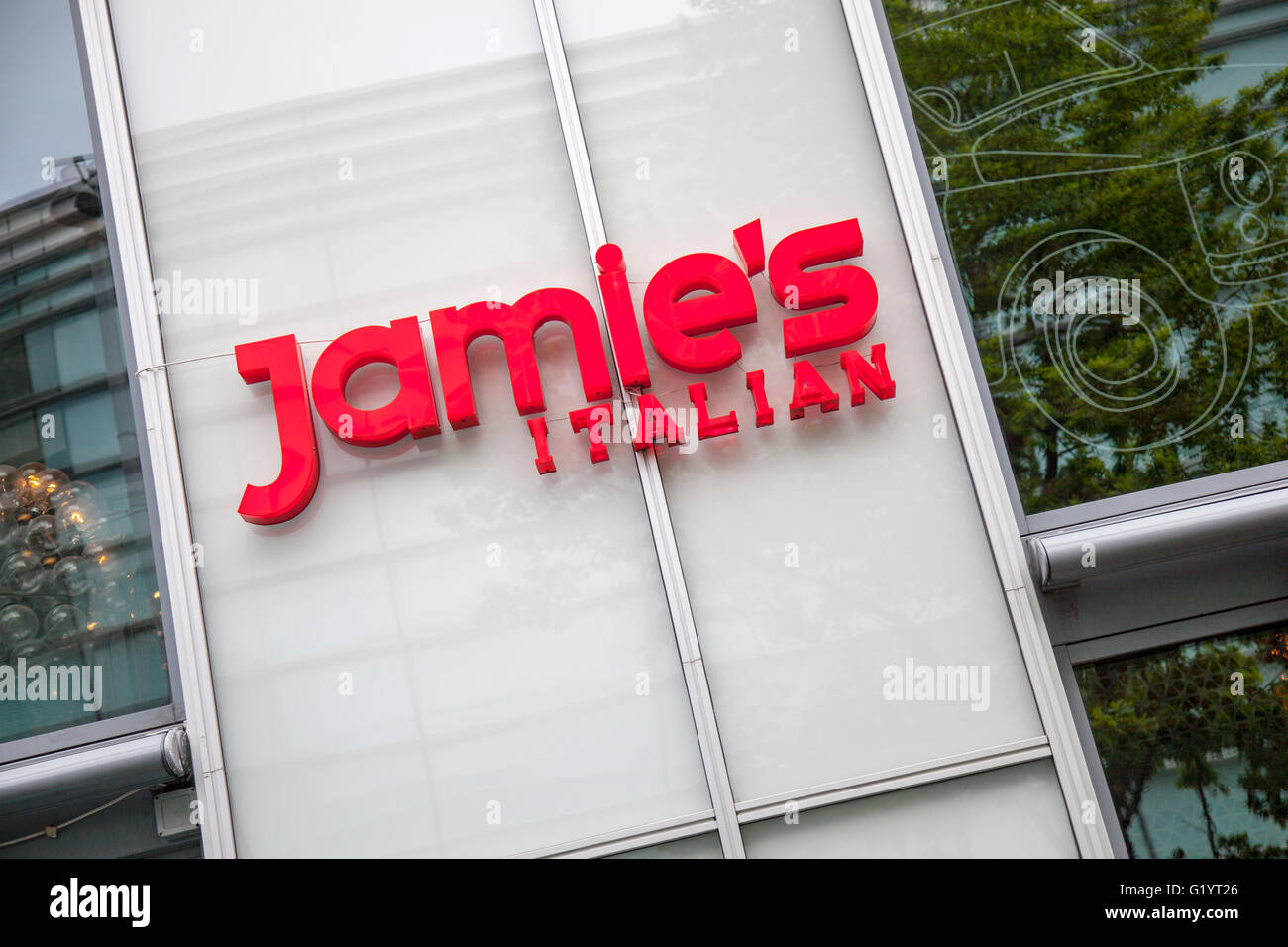 Jamie's Italian red sign with lettering, Liverpool One, Merseyside, UK ...