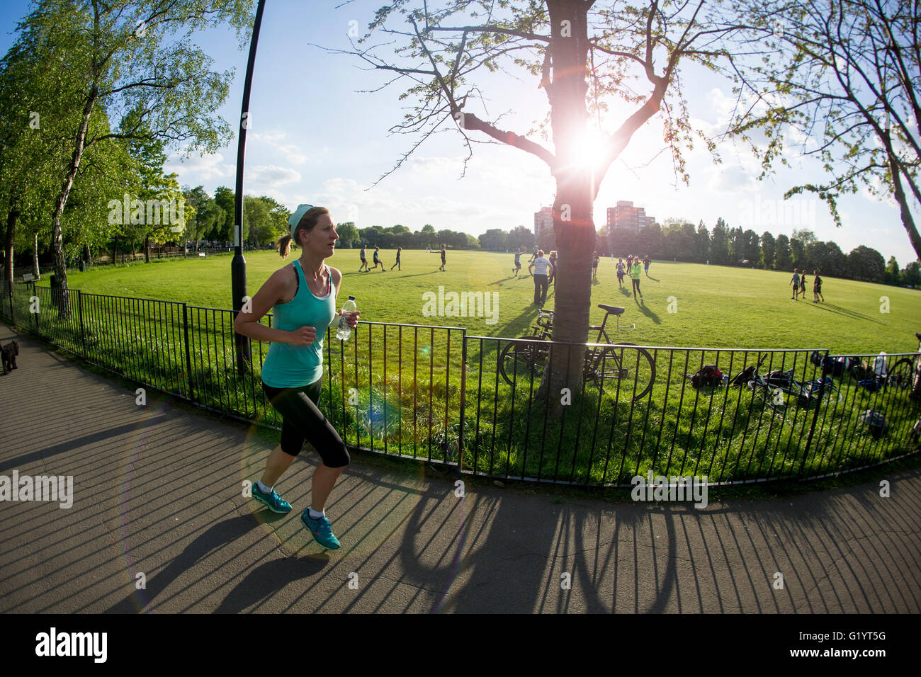 A female runner runs with a late afternoon sun in a london park Stock ...