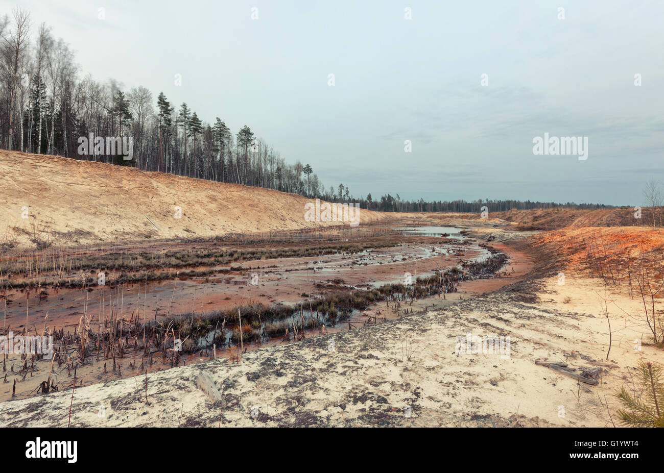 Landscape old waterlogged sand quarry. Environmental pollution Stock ...