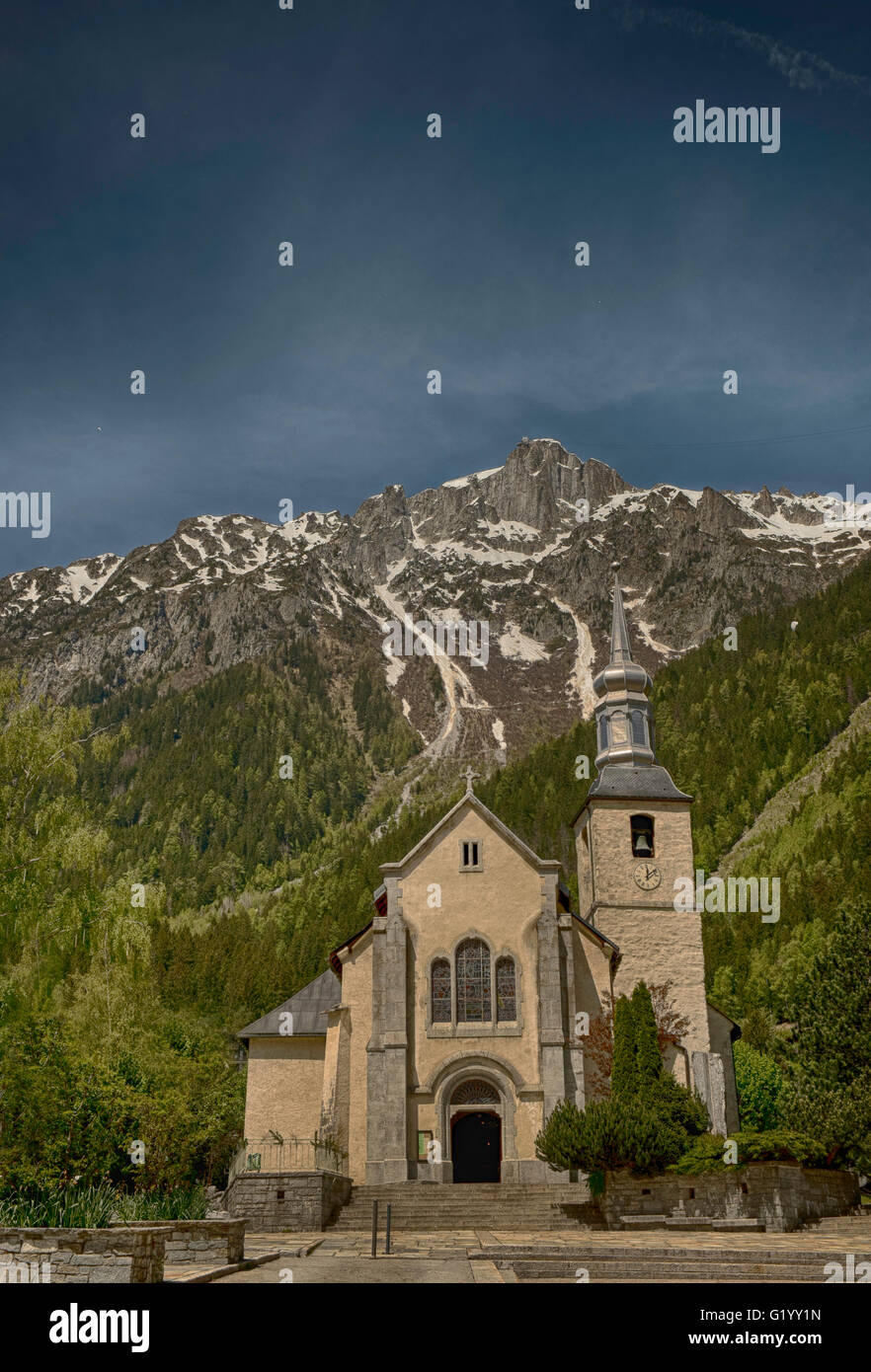 A church at the foot of the Alps in Chamonix, French Alps, France Stock ...