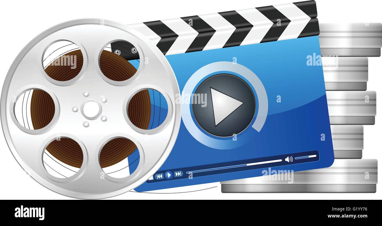 Film reel, boxes and clapper board on white background Stock Vector ...