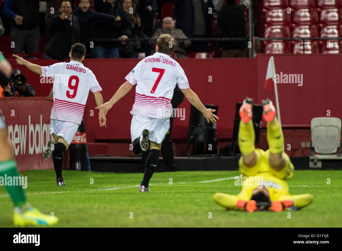 Kevin Gameiro of Sevilla (L) celebrates after scoring 3 - 0 during the ...