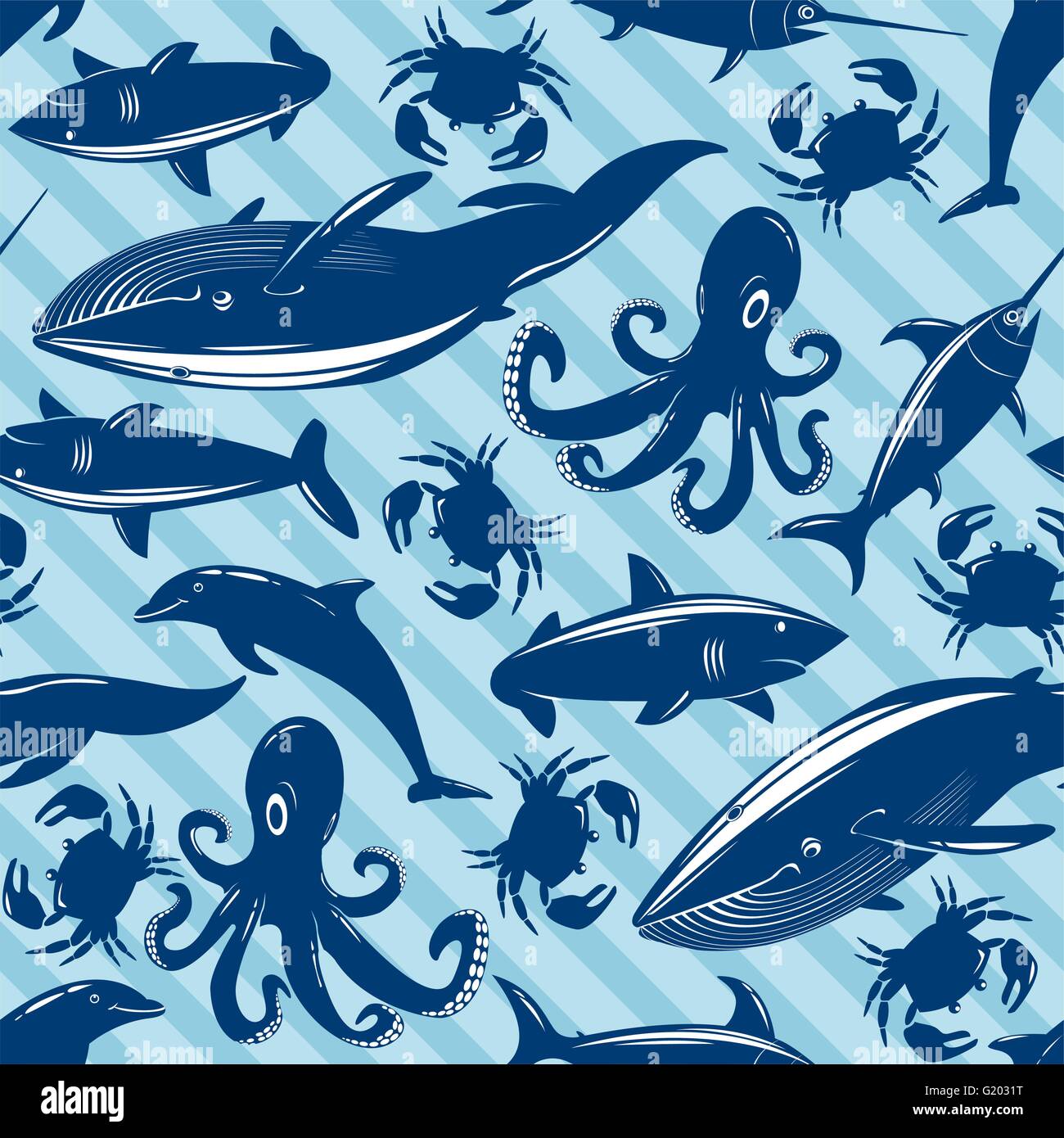 Seamless pattern with sea animals on blue striped background Stock ...