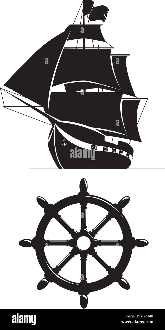 Sailing ship and steering wheel isolated on white background Stock ...