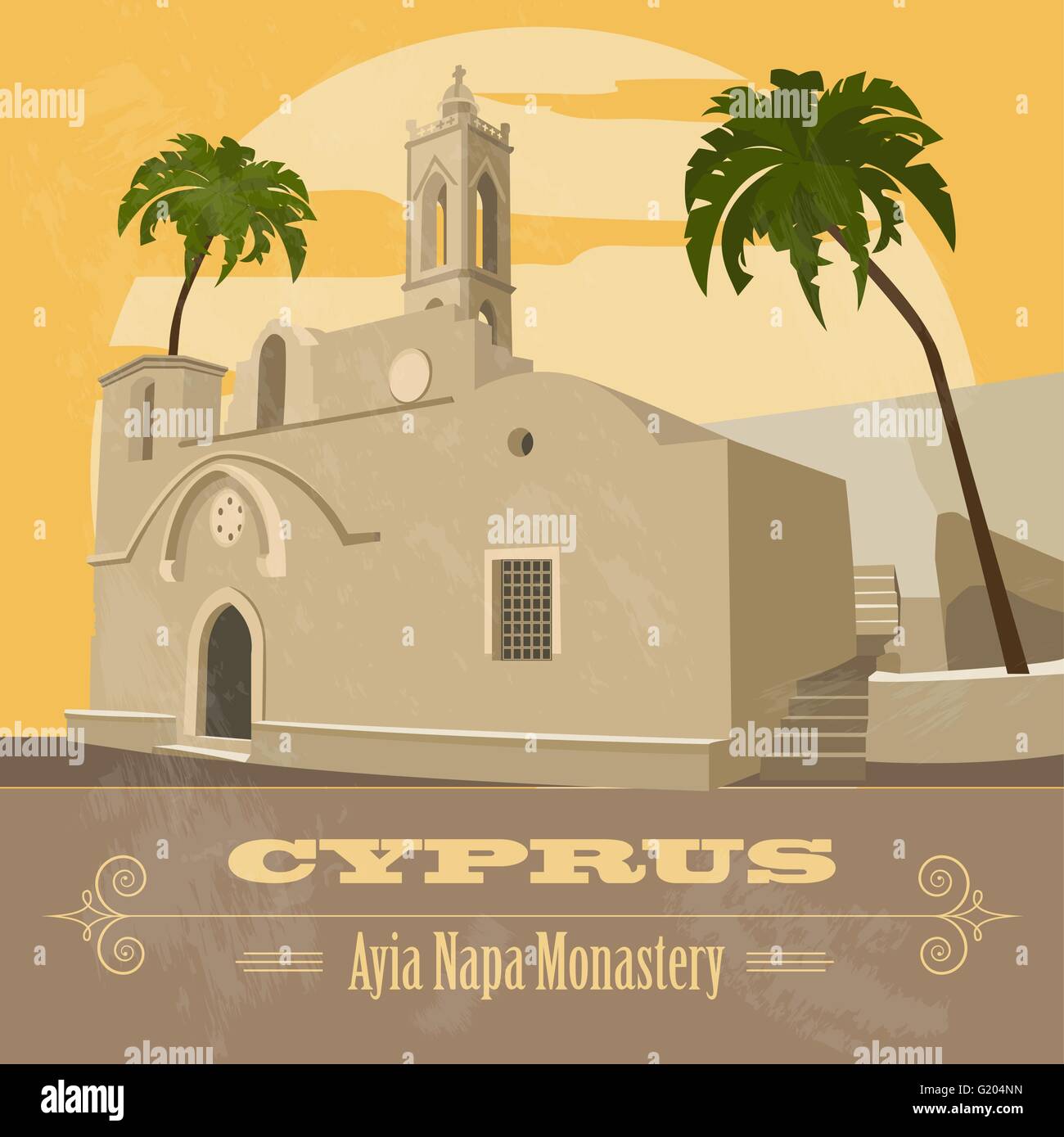 Cyprus landmarks. Retro styled image. Ayia Napa Monastery. Vector ...