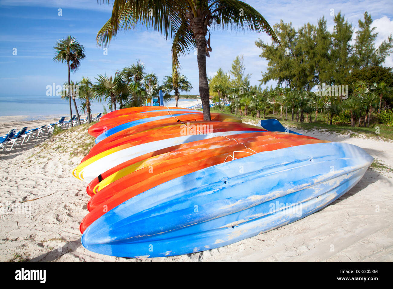 Colorful kayaks on a beach ready for action (Little Stirrup Cay, The ...