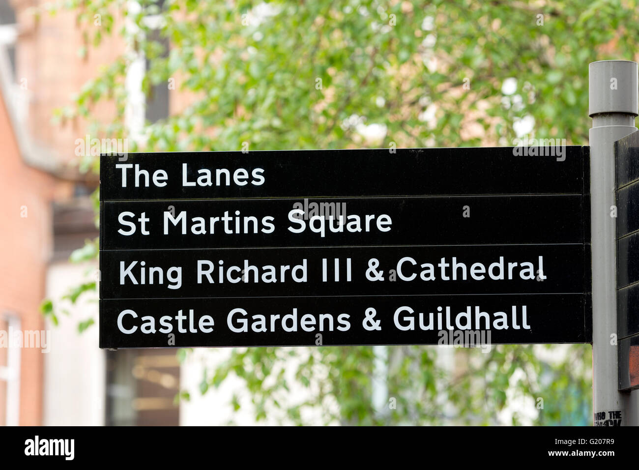 Signpost in Leicester city centre, UK Stock Photo - Alamy