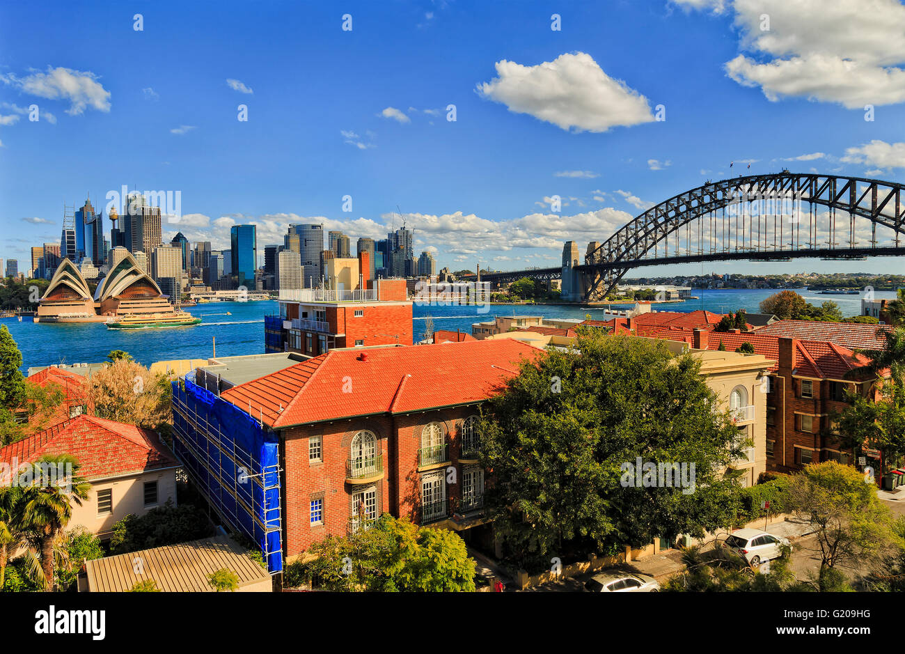 Sydney city landmarks with Harbour bridge and skyscrapers viewed across ...