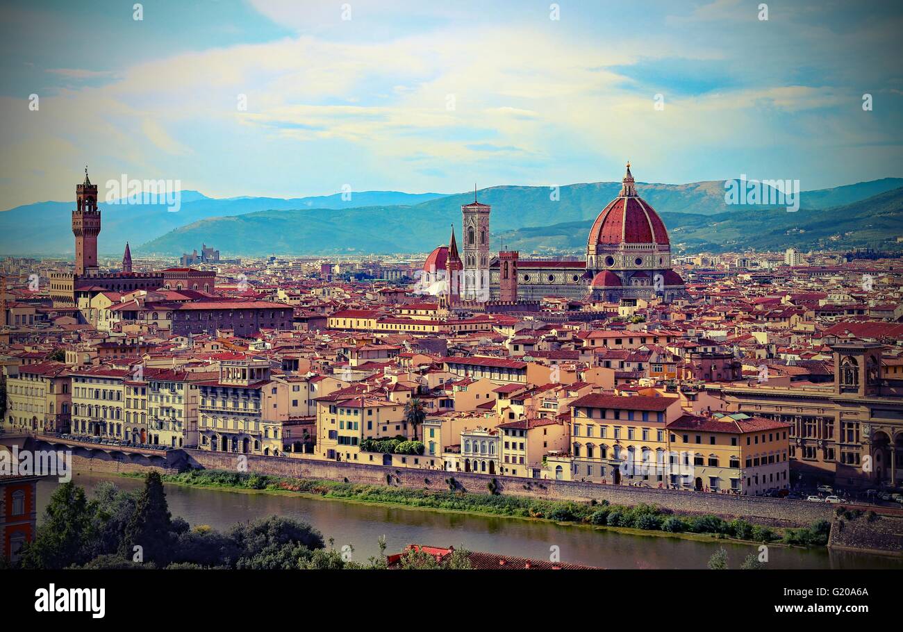 Panoramic View Florence in Italy with the dome of the Duomo old effect ...