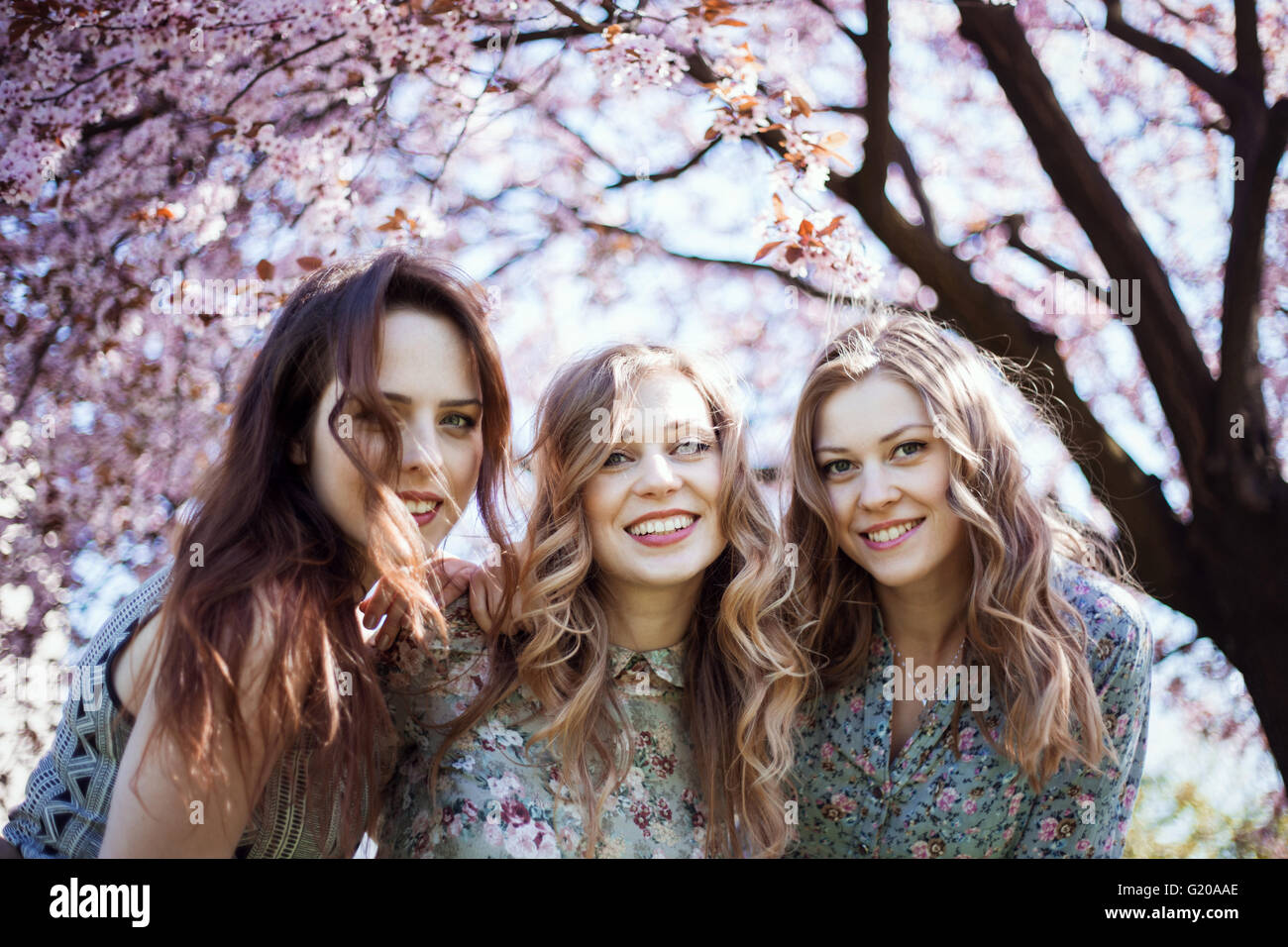 Three girls smiling in front of a spring blossom tree Stock Photo - Alamy