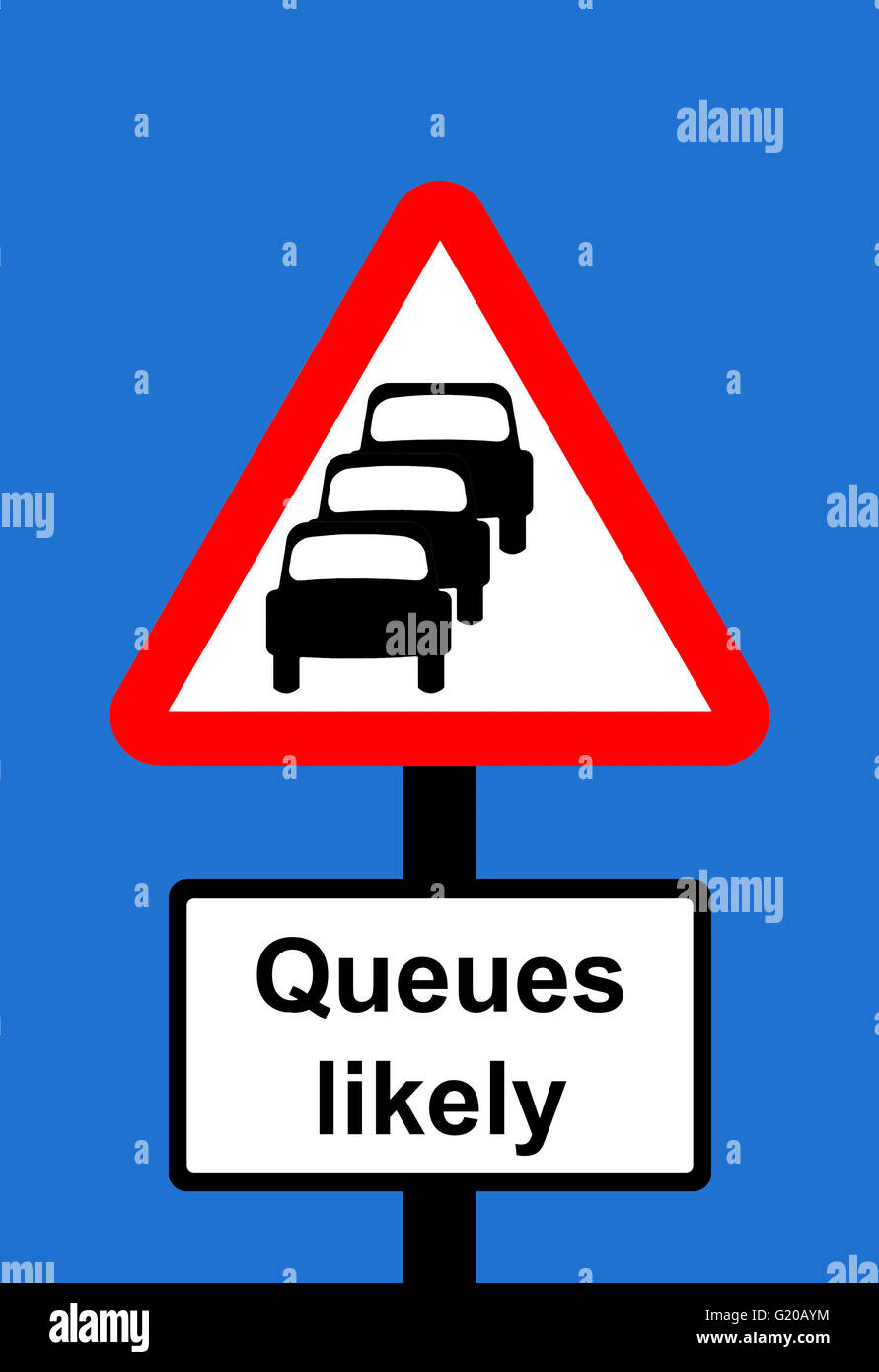 Warning triangle Traffic queues likely ahead sign Stock Photo - Alamy