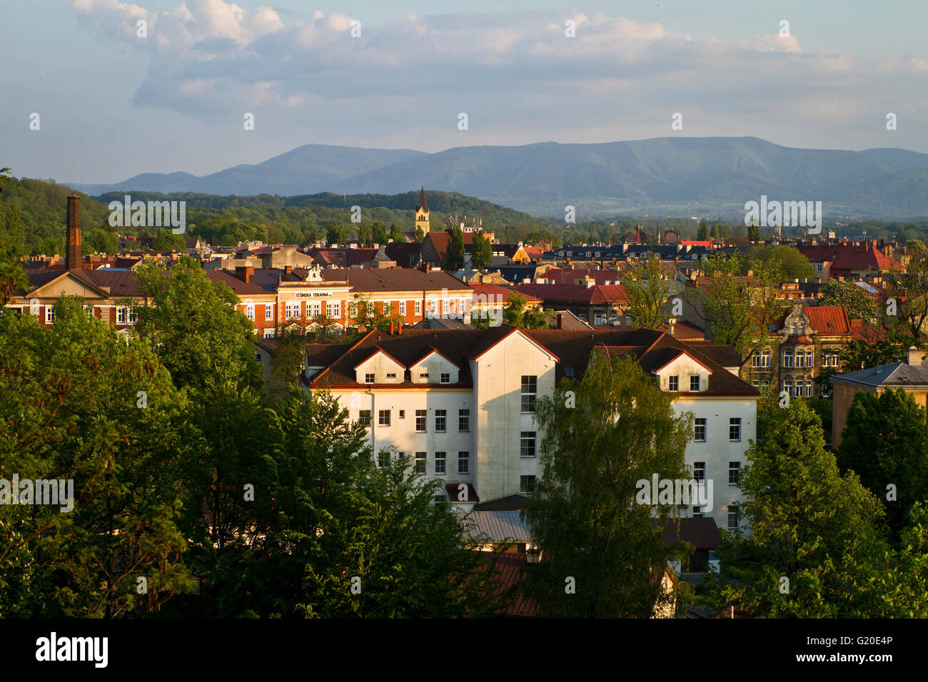 Panoramic view of Cesky Tesin with Beskidy mountain range in the ...