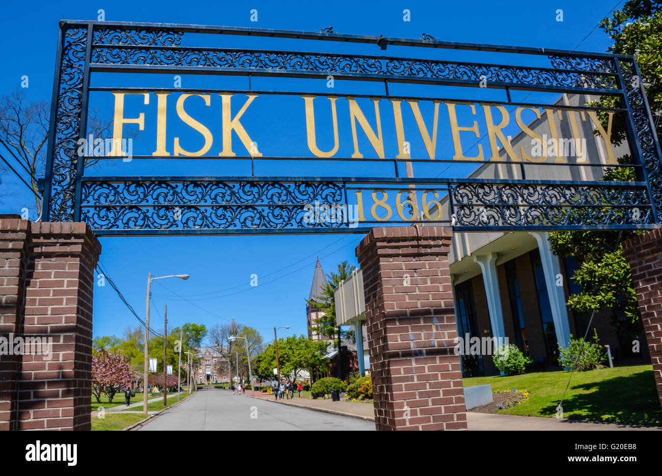 Overhead wrought iron graphic art lattice sign for Fisk University in ...
