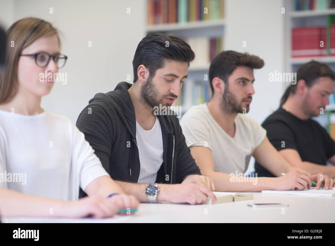 students group study together in school classroom and working together ...