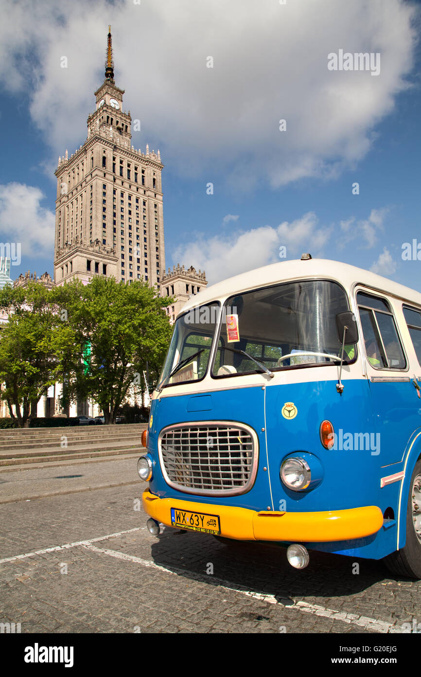 Old bus outside the Palace of Culture and science in Warsaw Poland ...