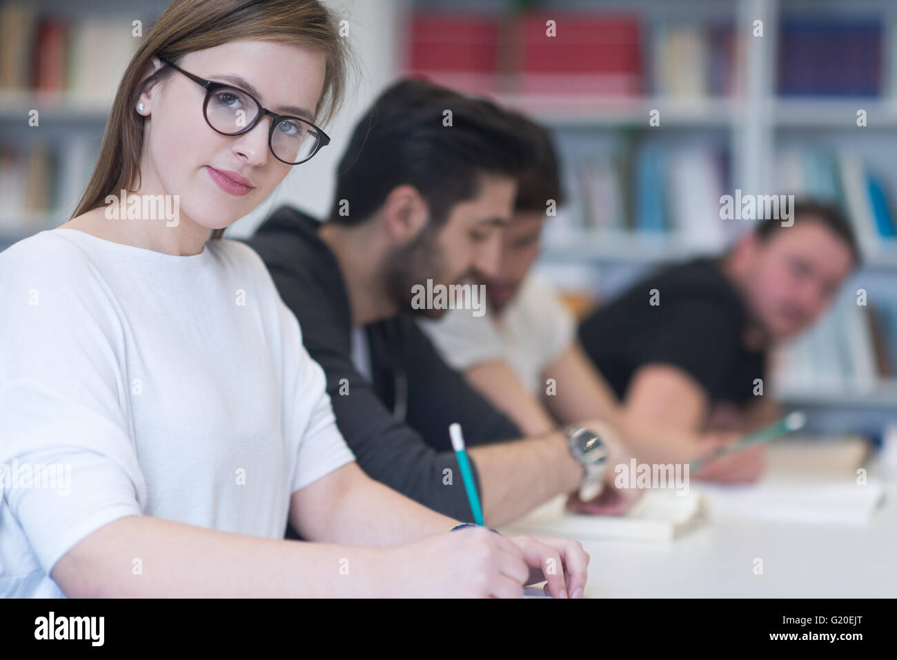 students group study together in school classroom and working together ...