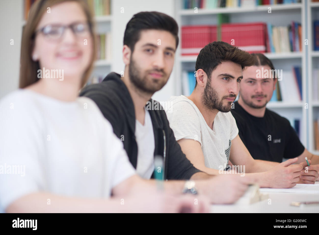 students group study together in school classroom and working together ...
