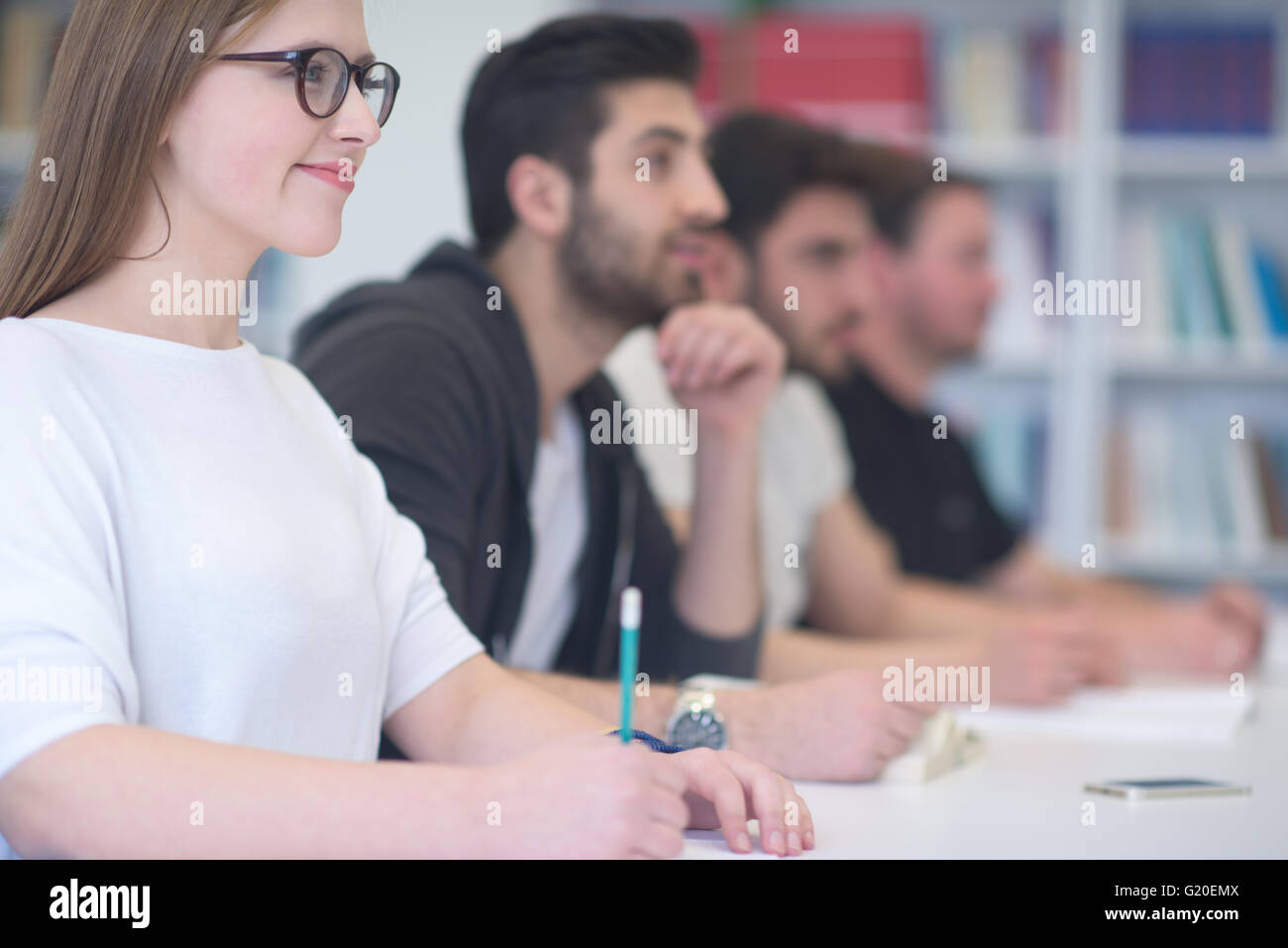 students group study together in school classroom and working together ...