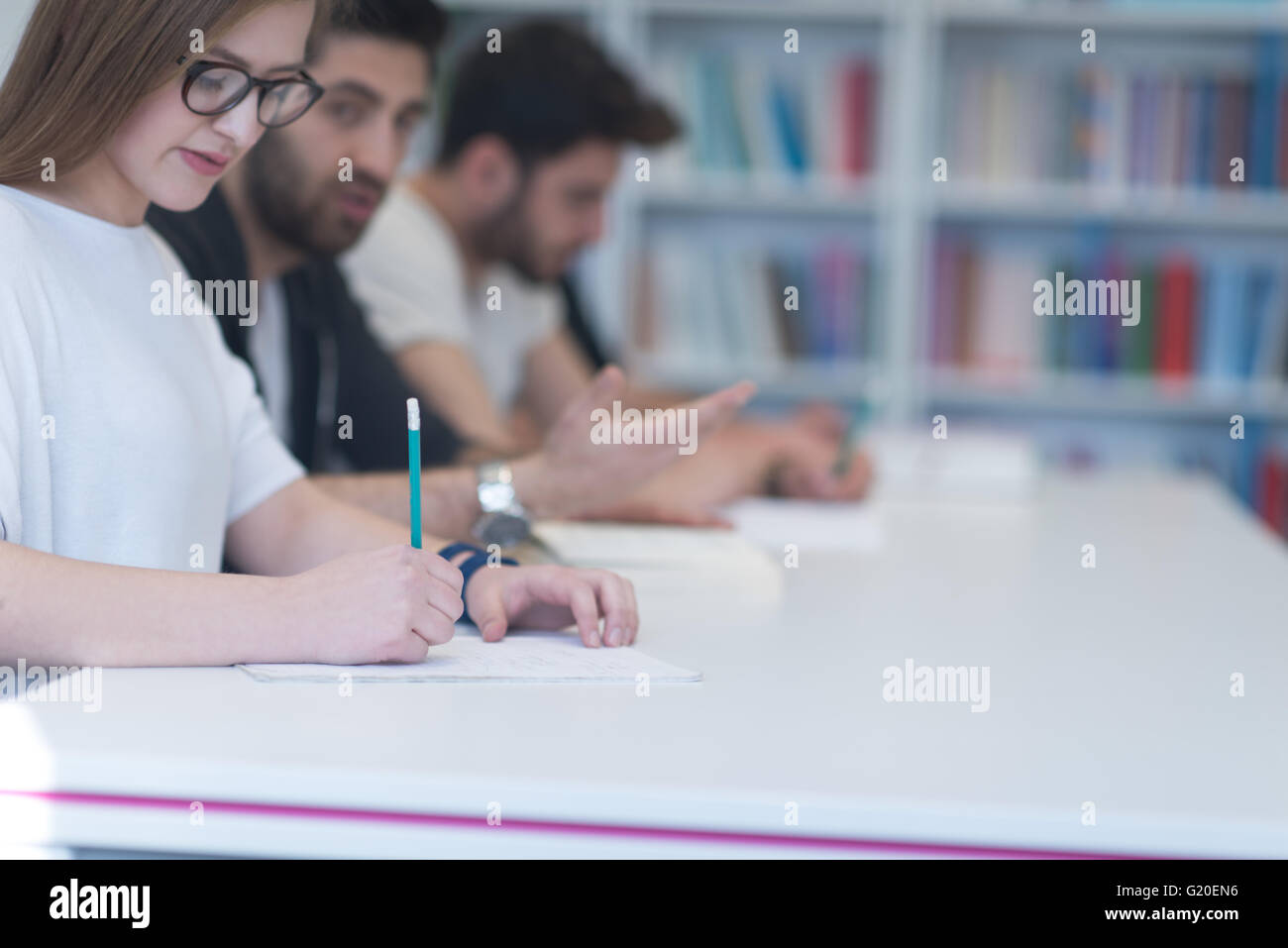 students group study together in school classroom and working together ...