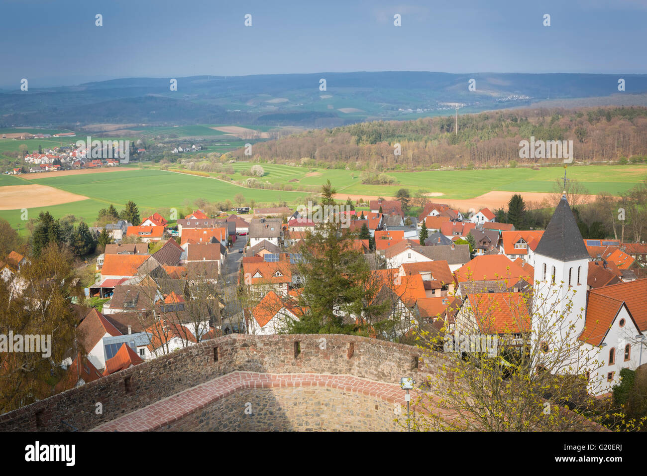 Rural village near Frankfurt, Germany - market place food, church and ...