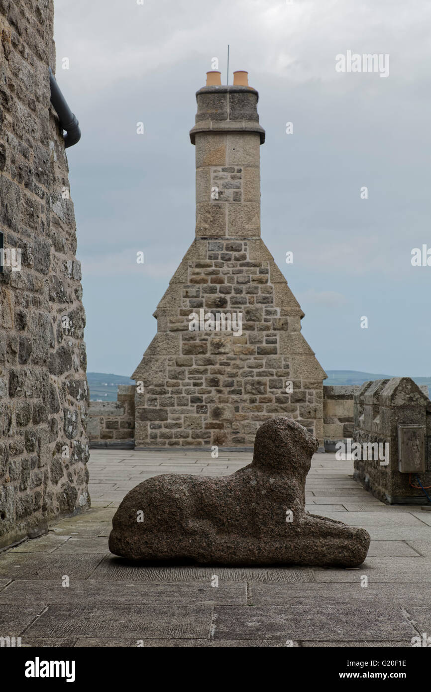 Old stone lion on the ground at St Michael's Mount in Cornwall England ...