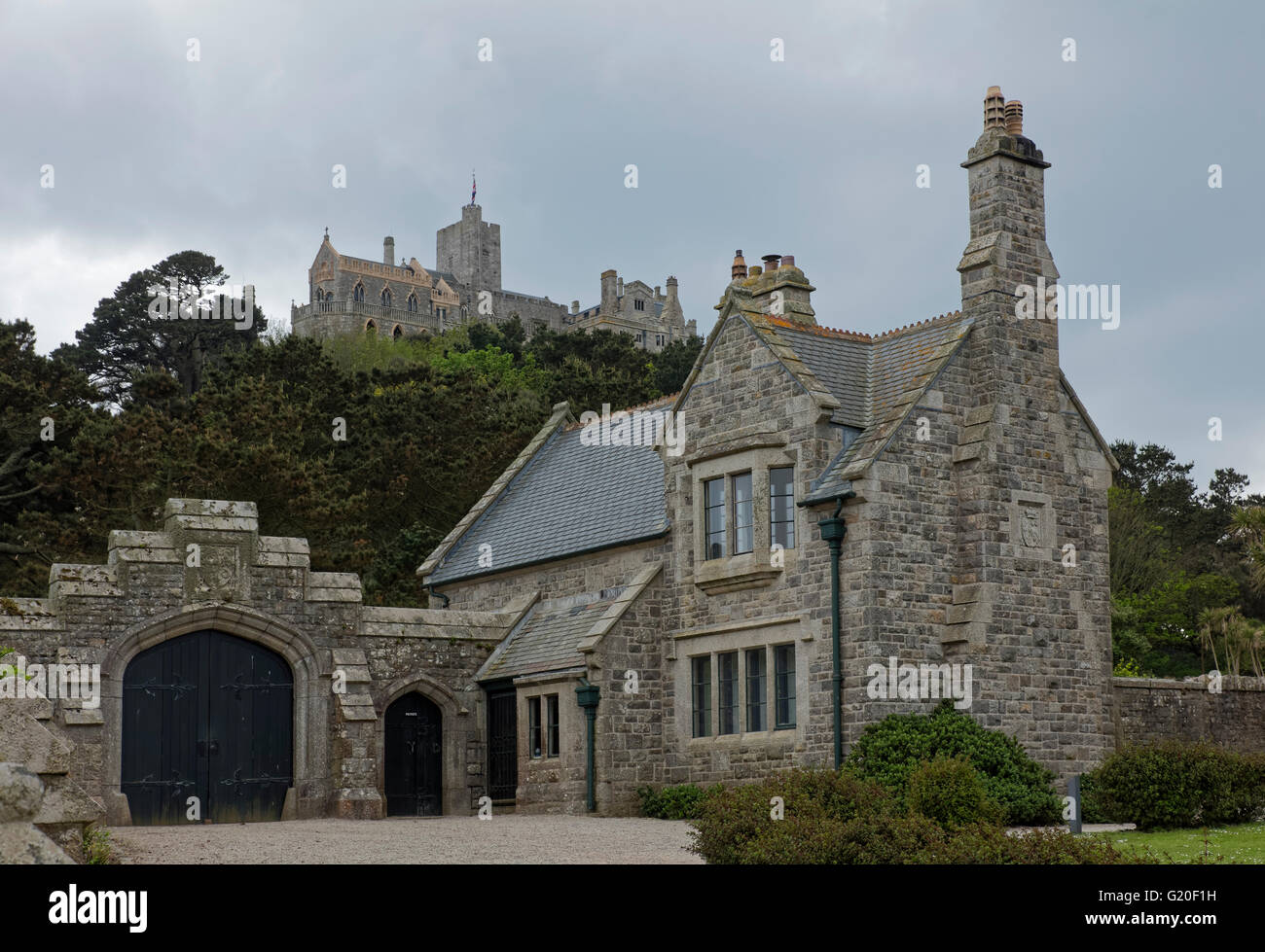 Buildings in Cornwall with the ancient St Michael's Mount church and ...