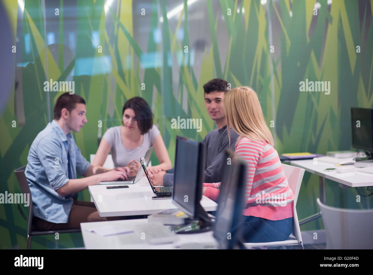 students group study together in school classroom and working together ...