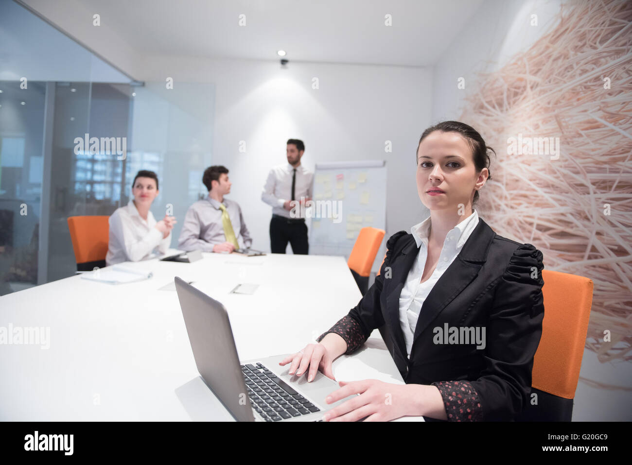young business woman on meeting usineg laptop computer, blured group of ...