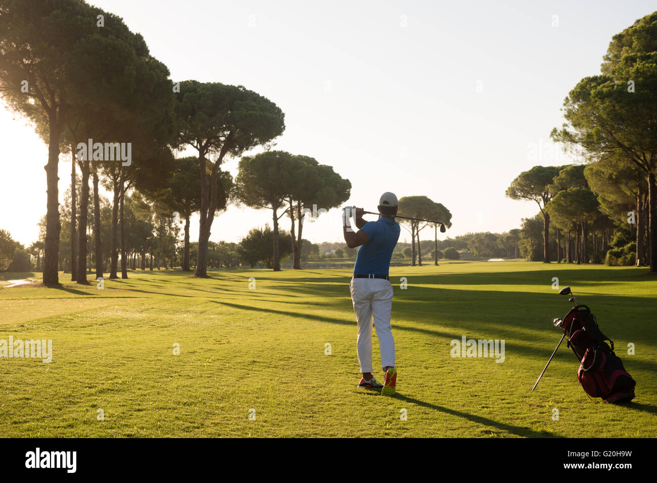 handsome sporty man, golf player hitting shot with club on course at ...