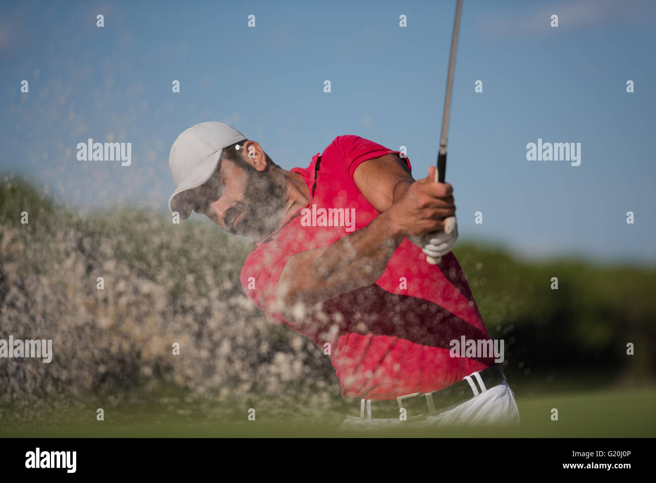 golf player shot ball from sand bunker at course Stock Photo - Alamy
