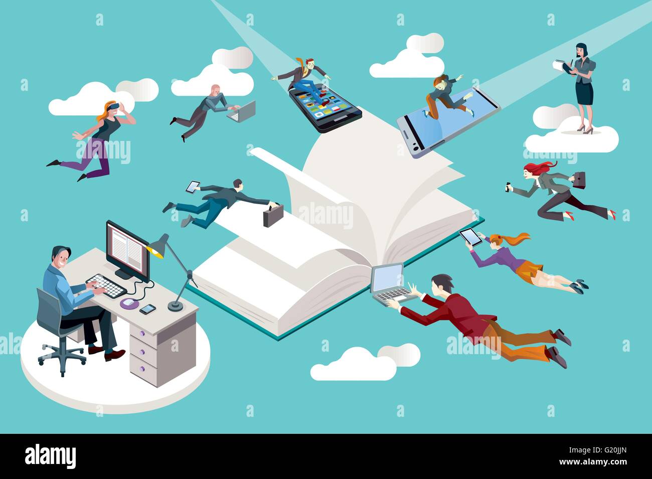 Publishing company staff flying toward an open book and working in it ...