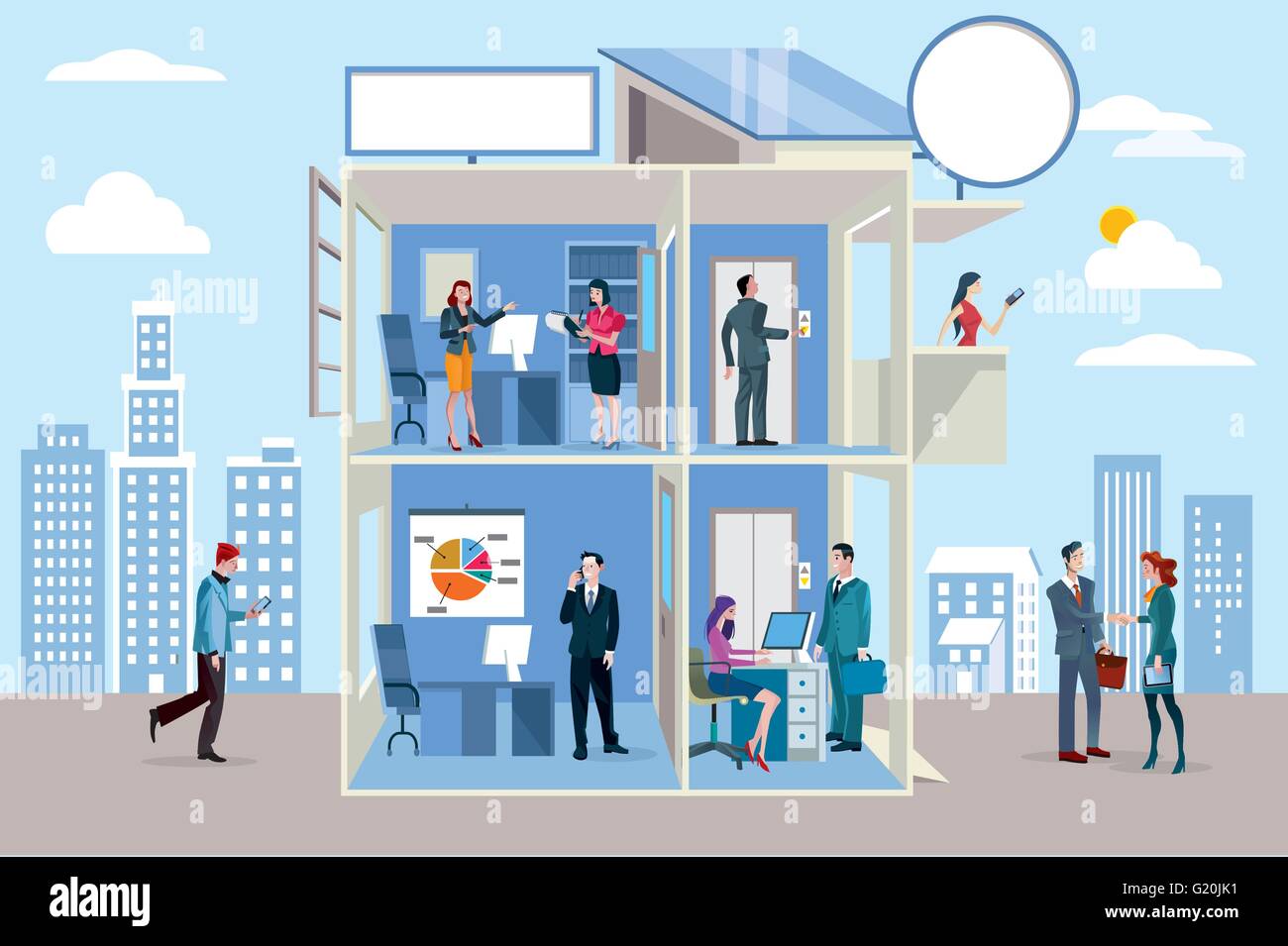 Office building with people working in different departments Stock ...