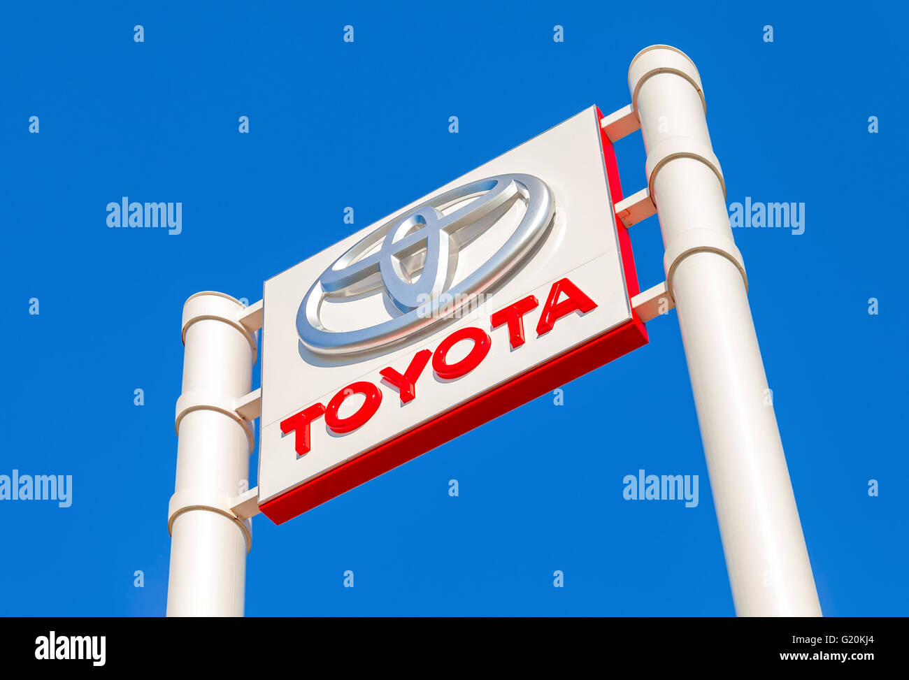 Toyota automobile dealership sign against the blue sky background Stock ...